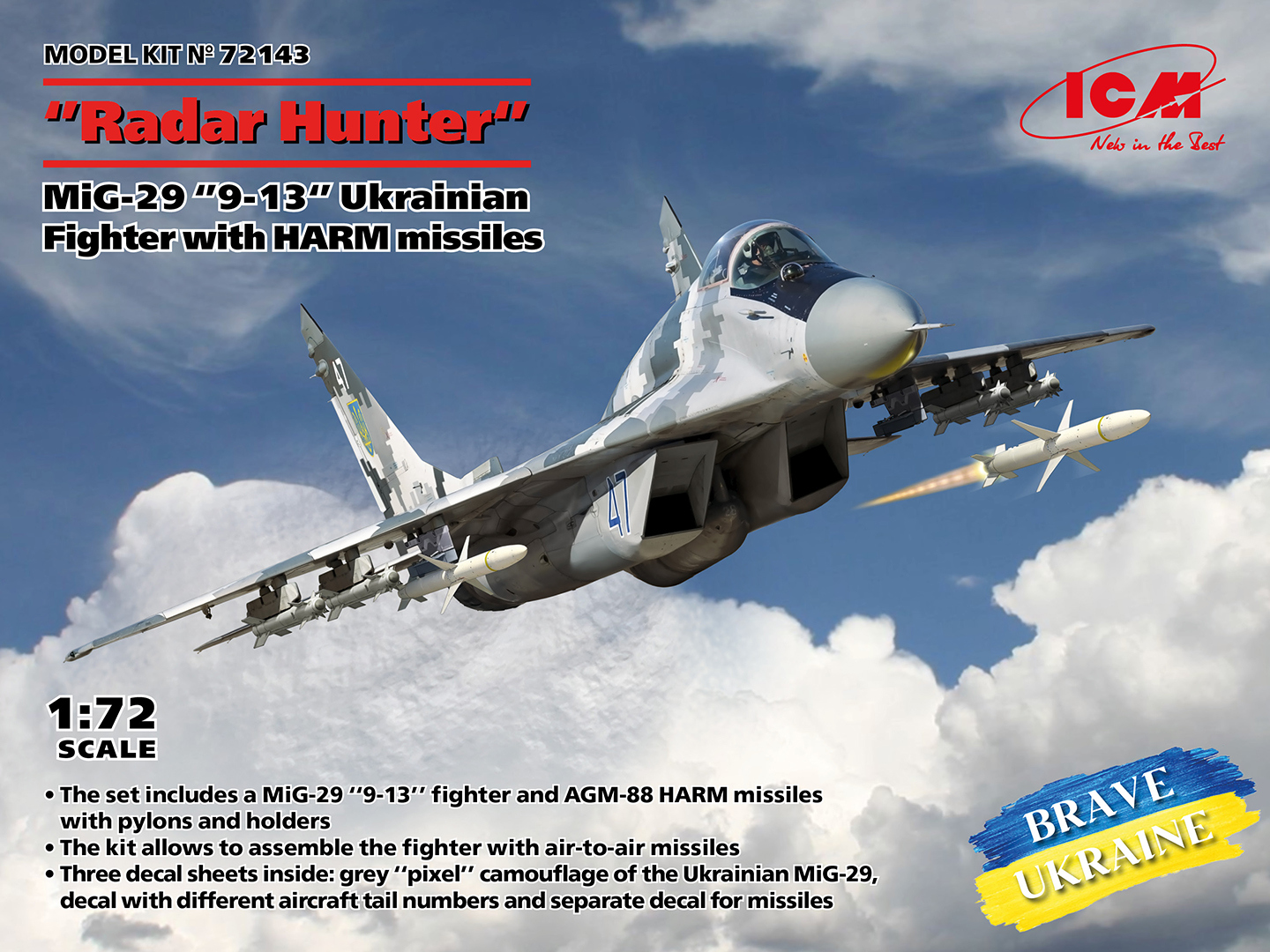1:72 ICM 72143 Radar Hunter - MiG-29 9-13 Ukrainian Fighter w/HARM missiles